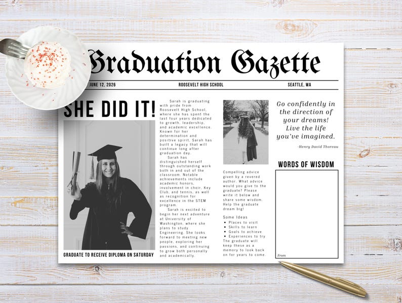 Newspaper Graduation Placemat Template, Advice for the Graduate ...