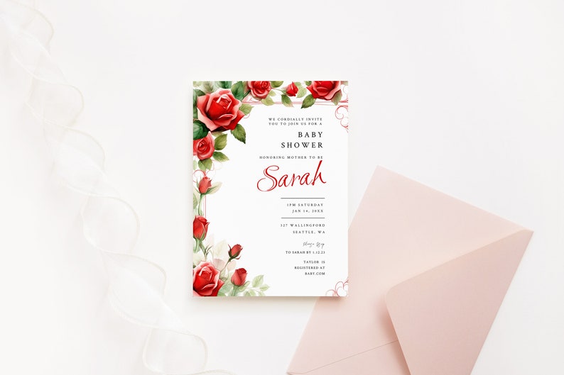 Red Rose Editable Invitation Template, Red and Pink Shower Theme ...