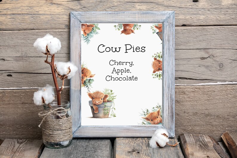 Highland Cow Funny Pies Food Sign, Cute Cow Boy Baby Shower Editable ...