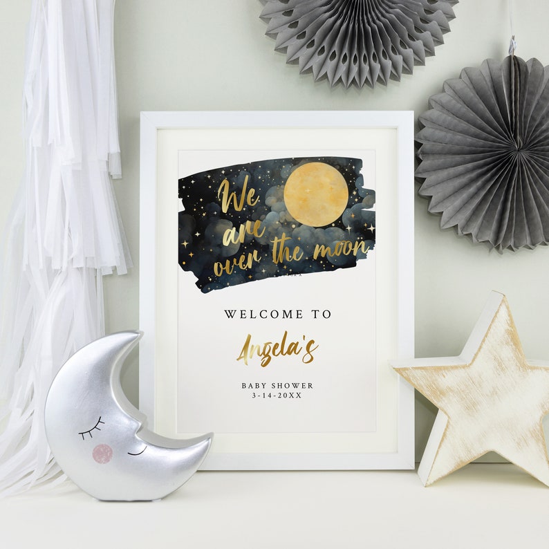 Over the Moon Baby Shower Welcome Sign, Moon and Stars Editable ...