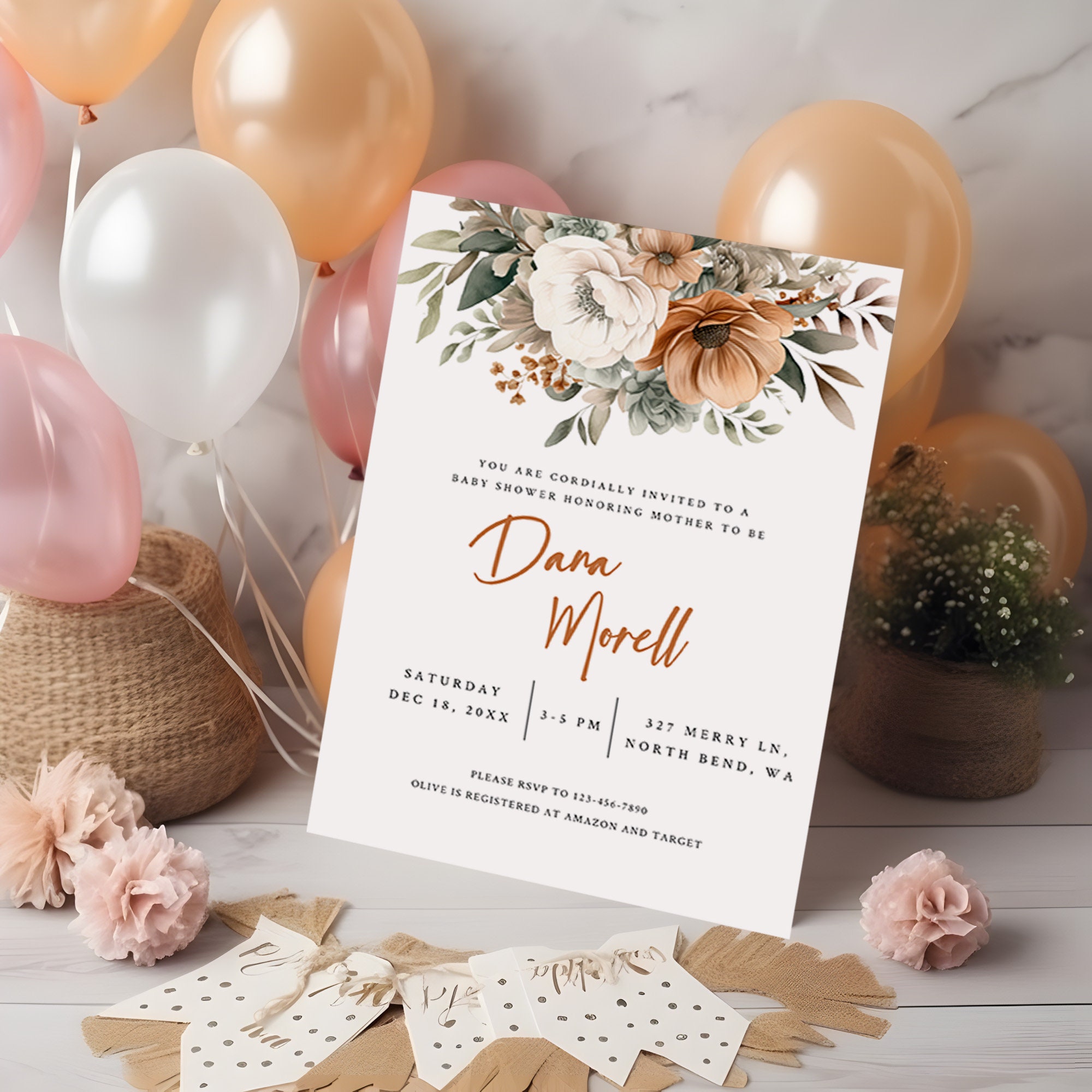 Terra Cotta Florals Shower Invitation Template, Burnt Orange, Sage ...