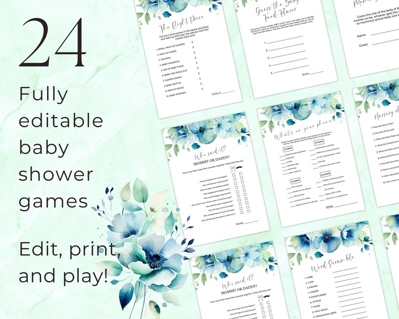 Baby in Bloom Editable Baby Shower Game Bundle, 23 Baby Shower Games ...
