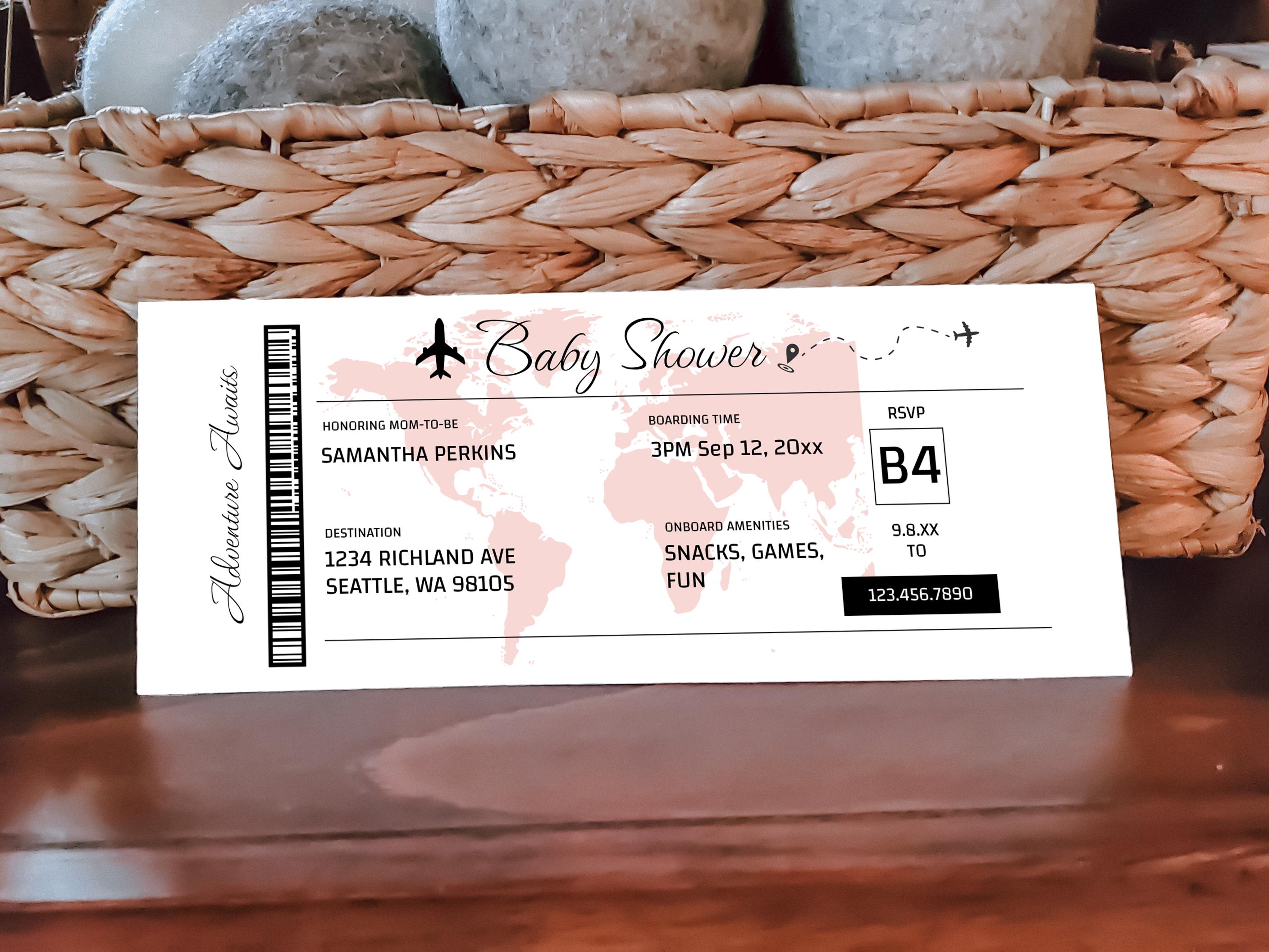 Pink Boarding Pass Template Baby Shower, Adventure Awaits Baby Shower ...