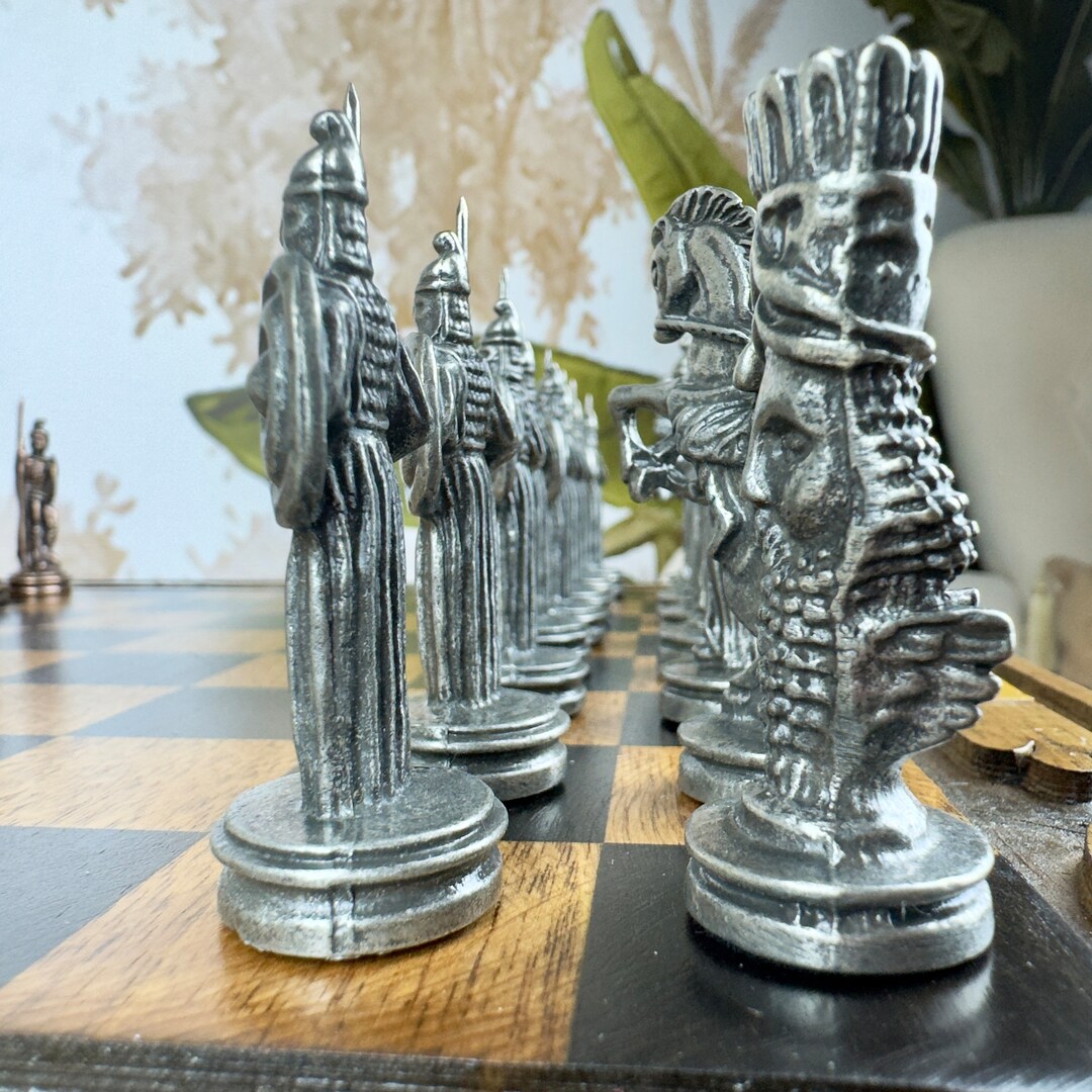 14 Medieval Greek vs Persian Chess Set Bronze Pewter Metal Chessmen on ...