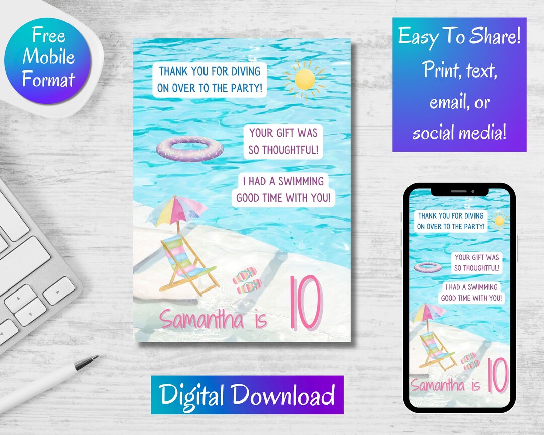 Pool Party Birthday Thank You Note, Pool Party Thank You Note ...