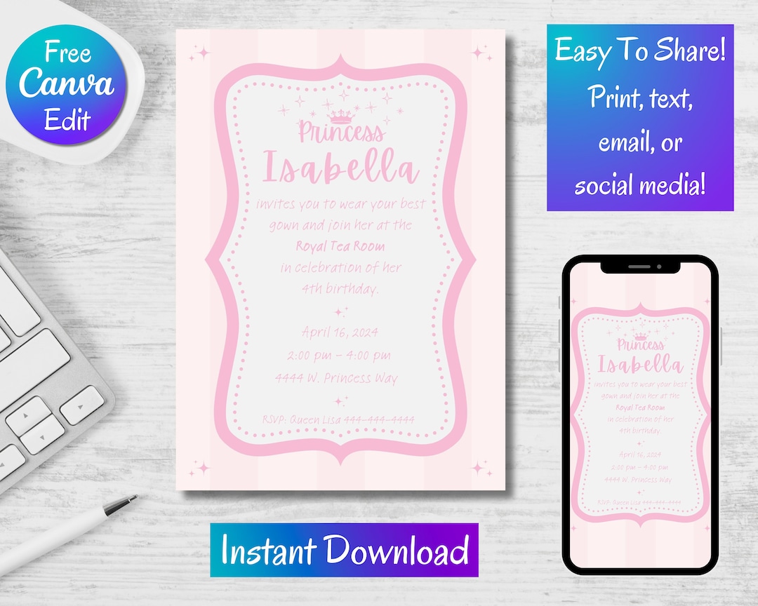 Editable Princess Tea Party Birthday Invitation, Princess Tea Party ...