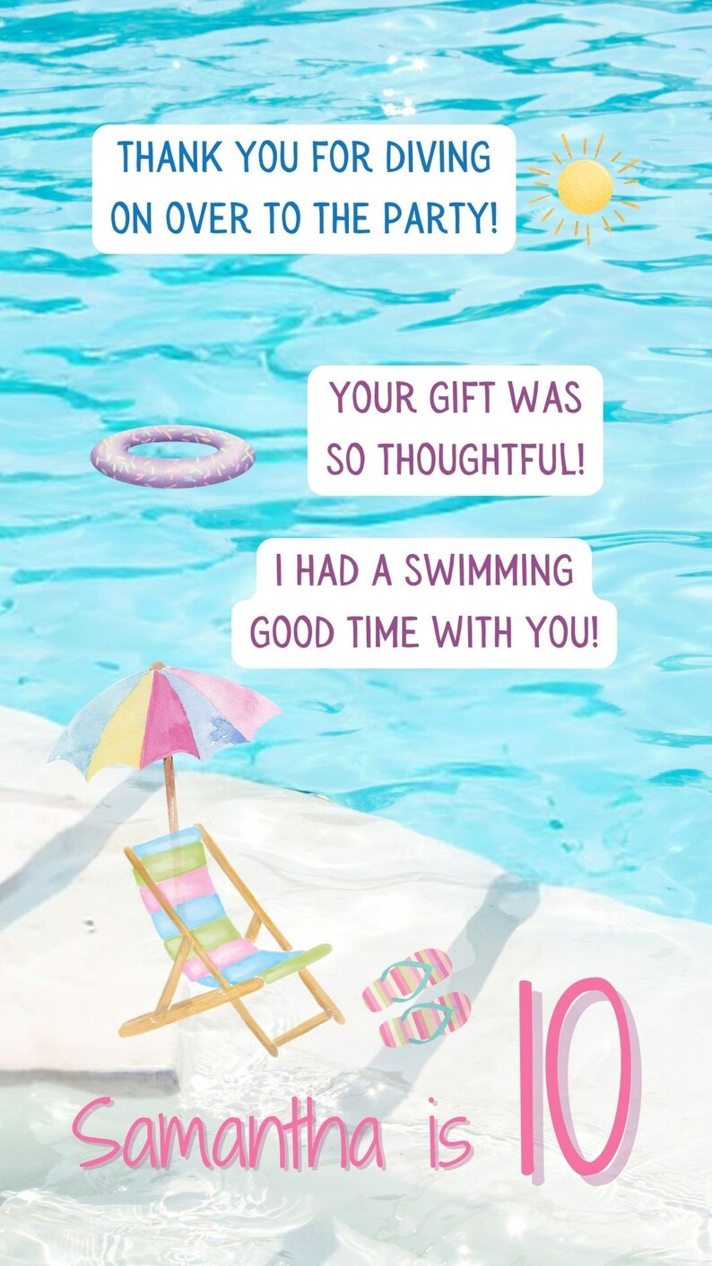 Pool Party Birthday Thank You Note, Pool Party Thank You Note ...