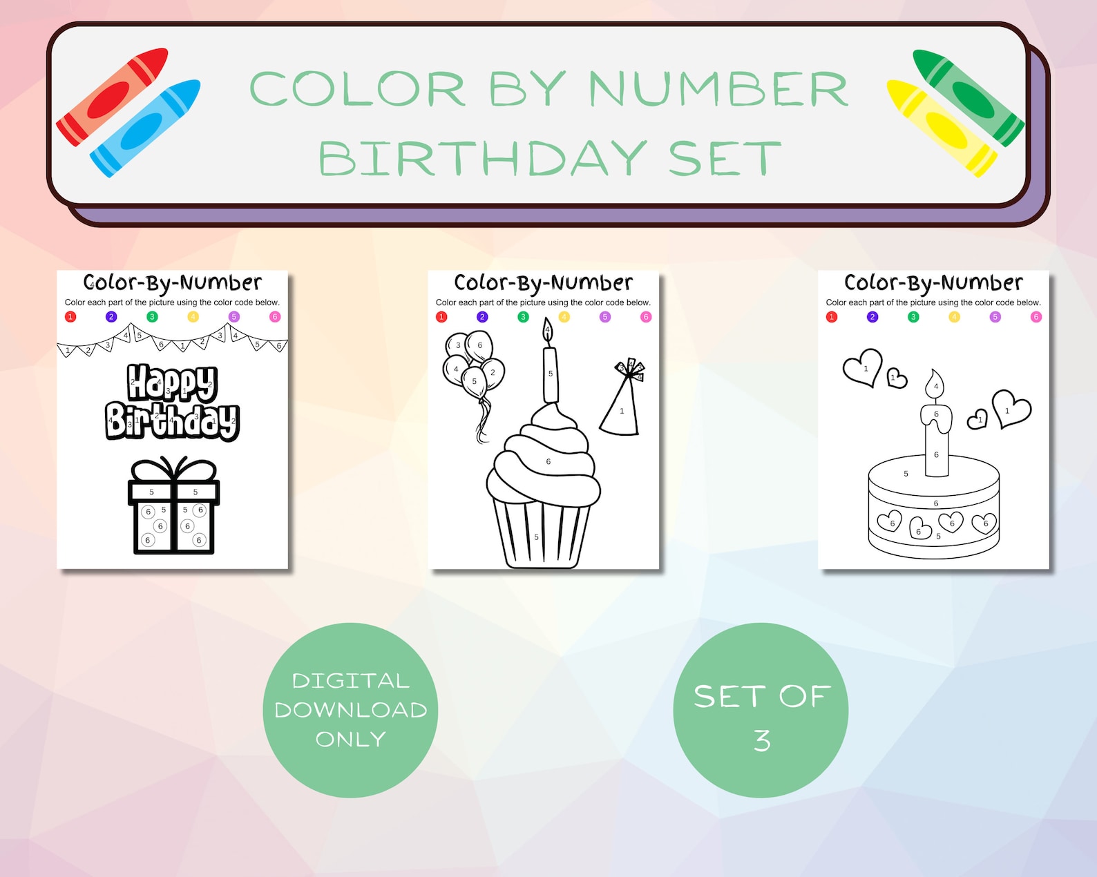 Color by Number Birthday Set, Color by Number, Coloring Page, Preschool ...
