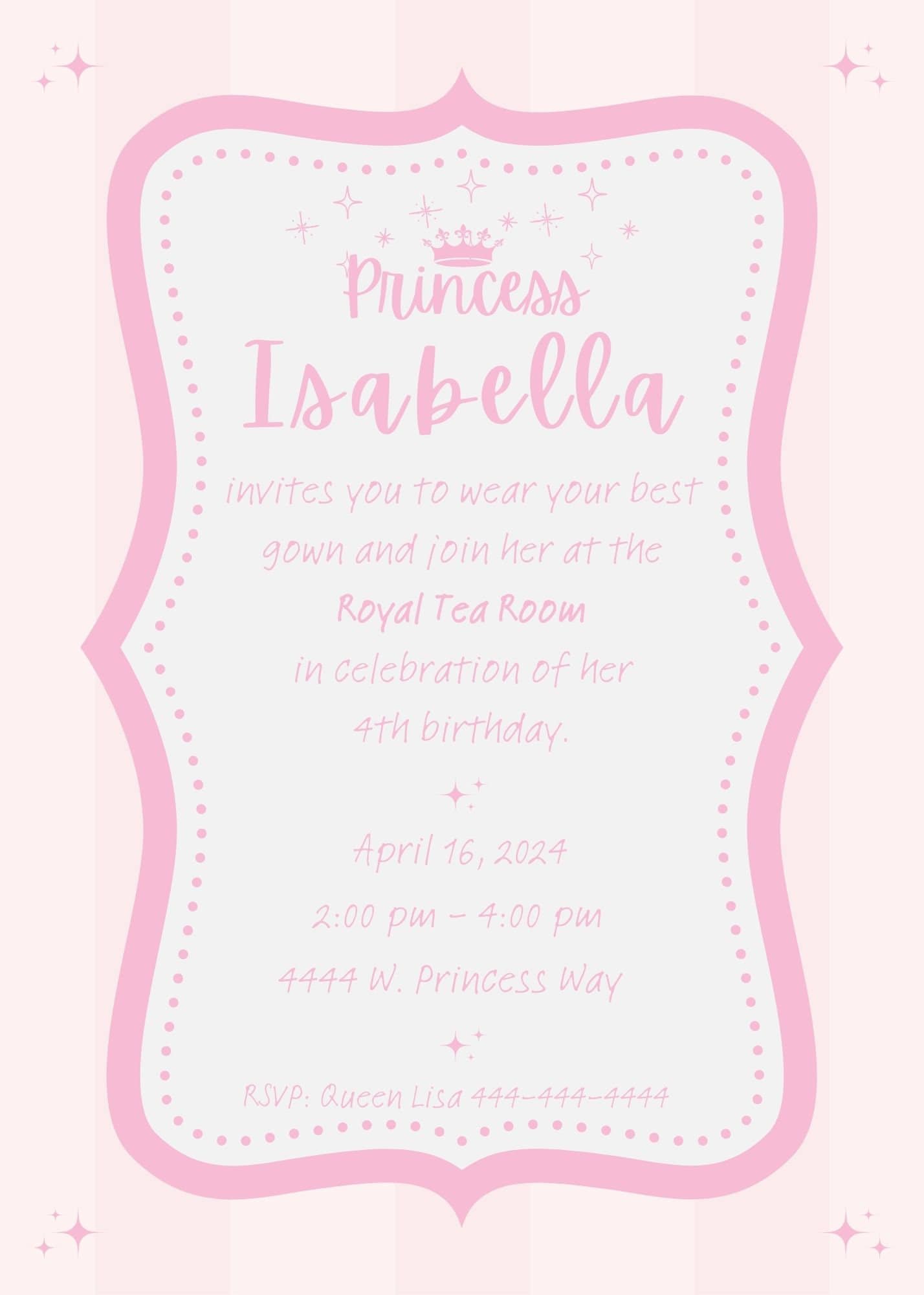Editable Princess Tea Party Birthday Invitation, Princess Tea Party ...
