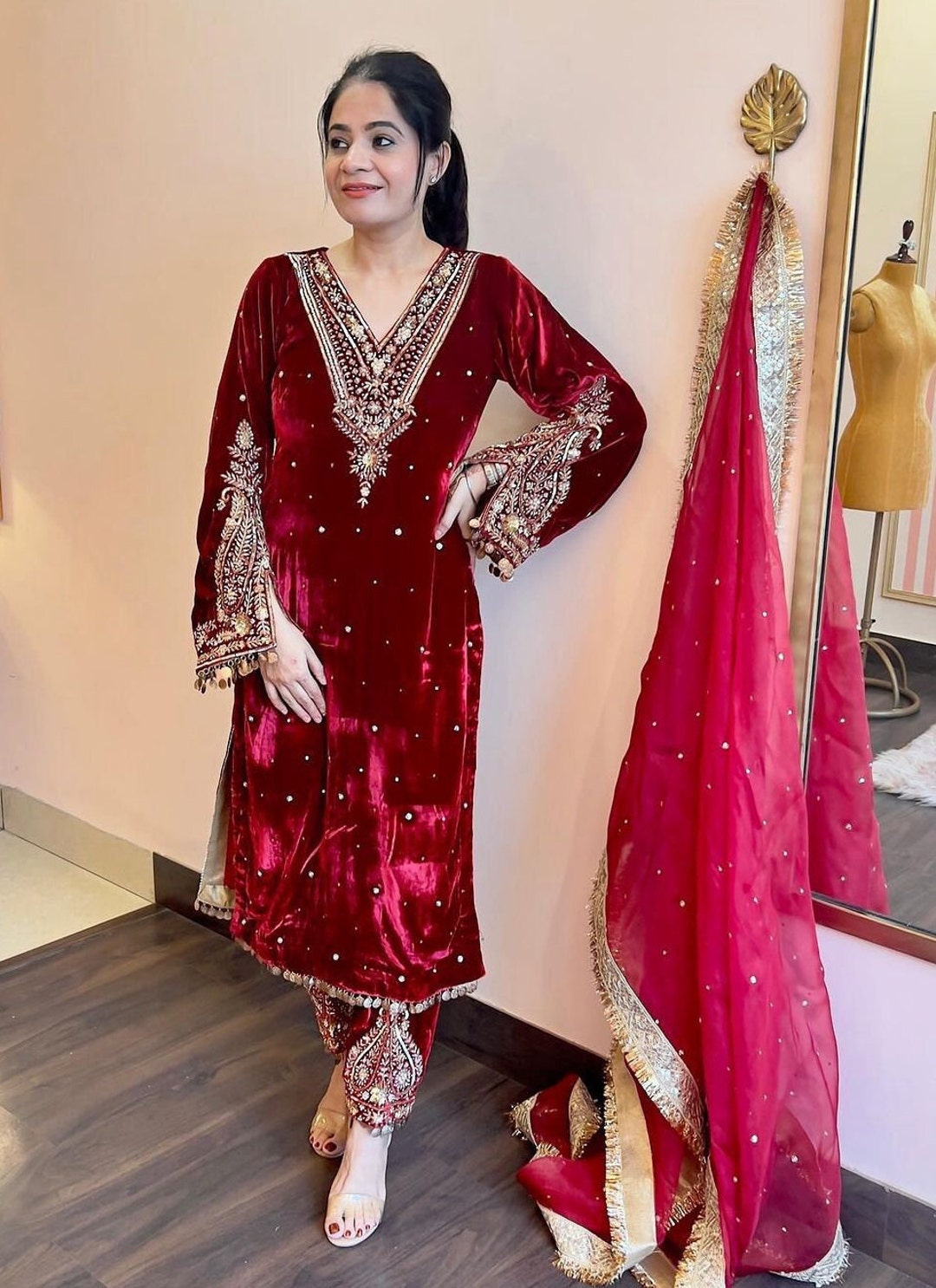 Pakistani Designer Zari Embroidered Heavy Velvet Kurta Set for Women ...