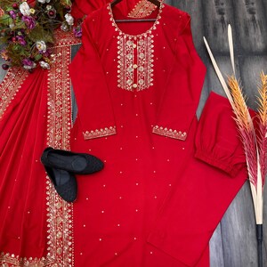 Red Embrodered Straight Kurti Palazzo Set, Premium 3 Piece Readymade ...