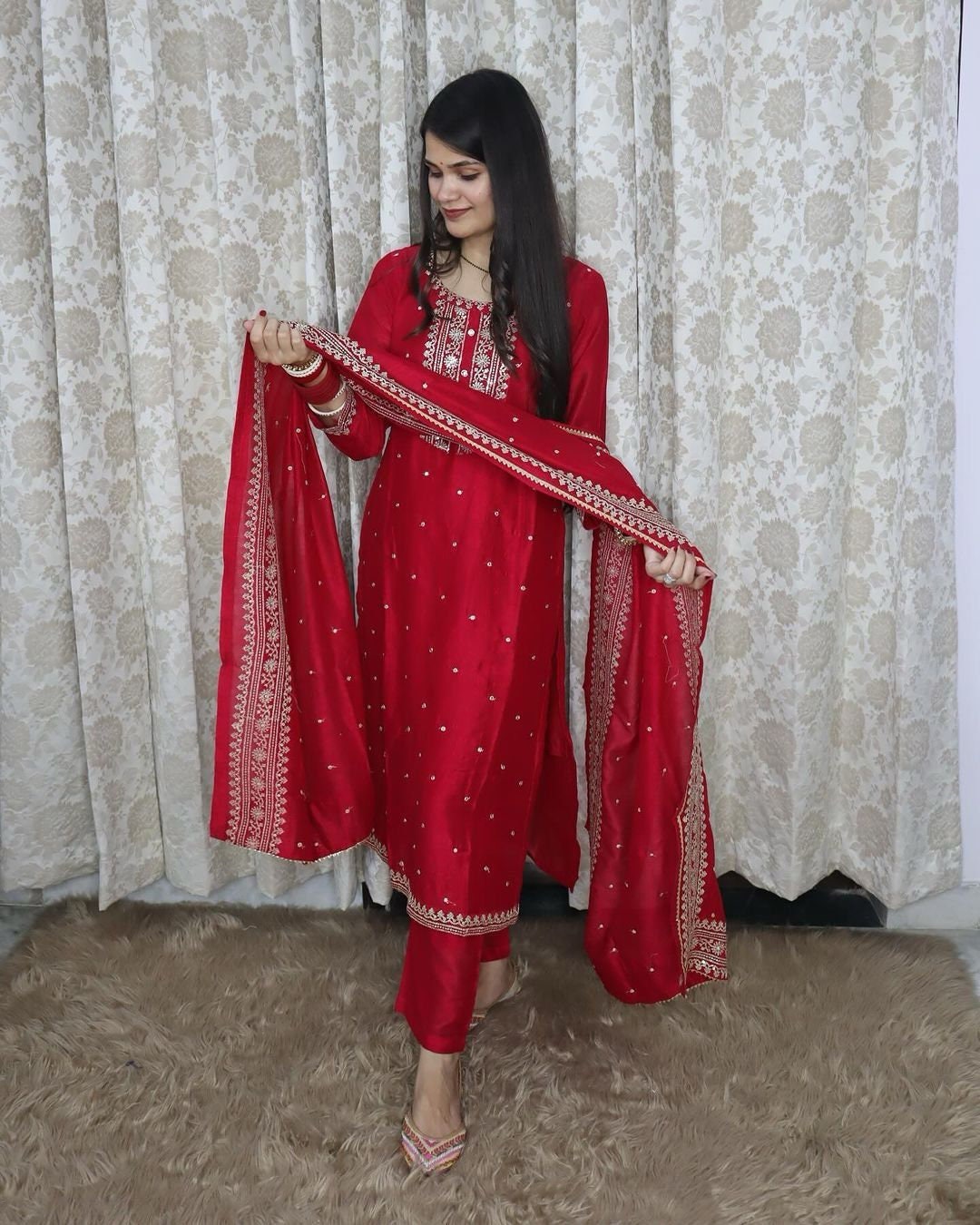 Red Embrodered Straight Kurti Palazzo Set, Premium 3 Piece Readymade ...