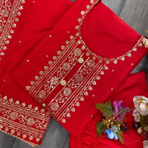 Red Embrodered Straight Kurti Palazzo Set, Premium 3 Piece Readymade ...
