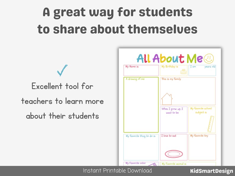 All About Me Printable Kids Printable Classroom Activity Kids Worksheet ...