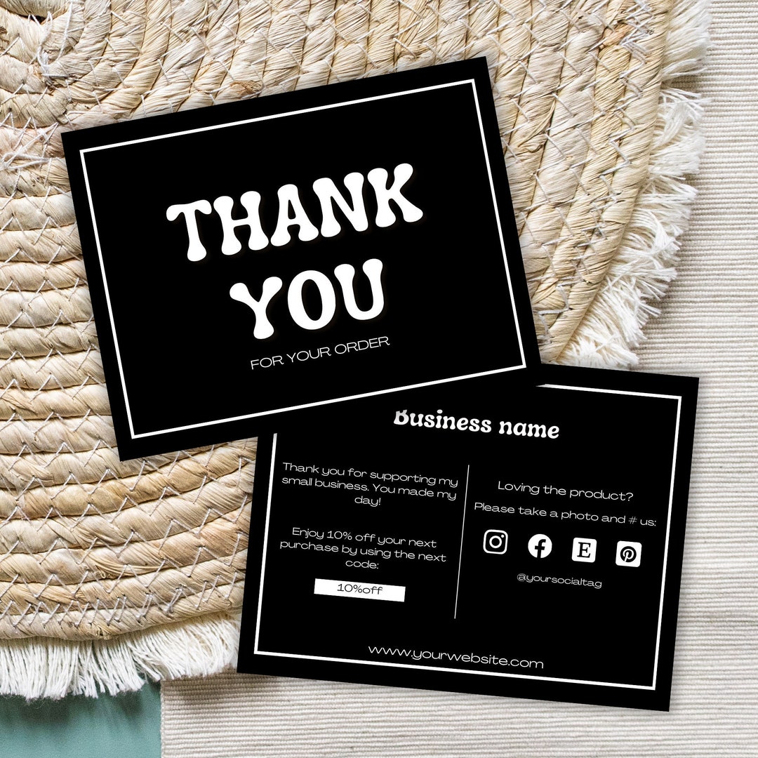 Minimal Black Editable Thank You Note Canva Template With Discount Code ...