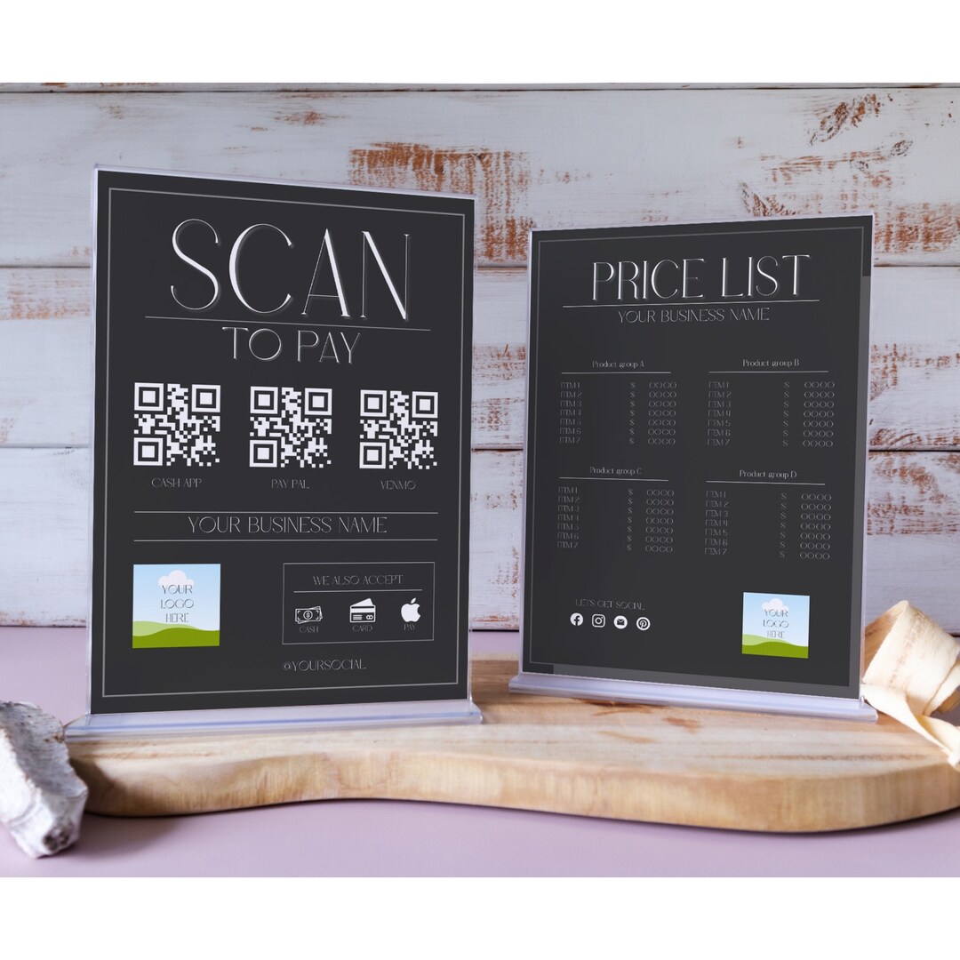Sleek Black Editable Scan to Pay Price List Canva Template 3 QR Codes ...