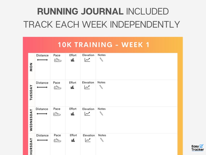 10K Running Race - Beginner Training Plan and Running Journal - Easy to ...