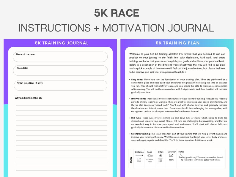 5K Running Training Plan - Beginner 5k Program and Running Journal ...