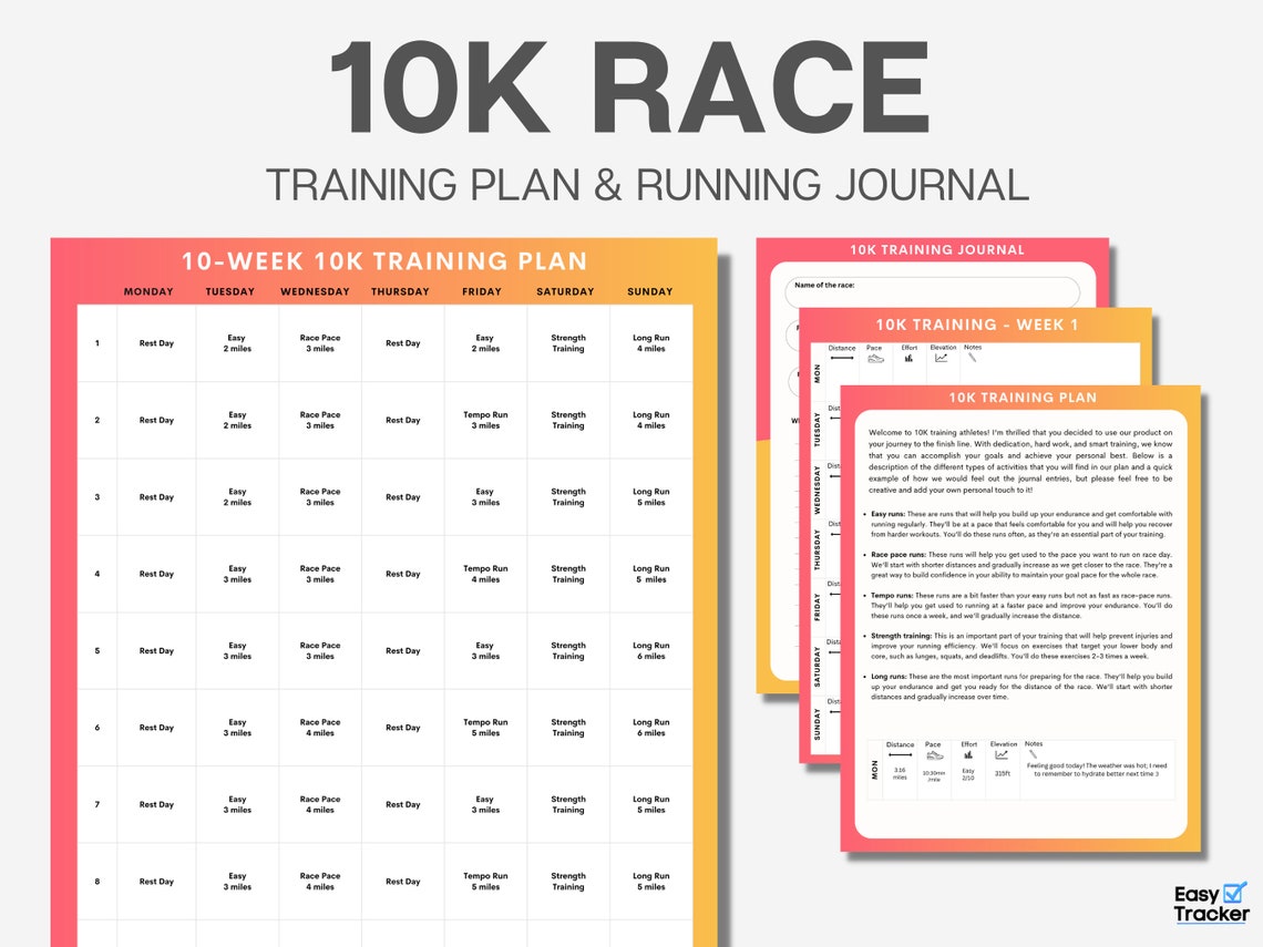 10K Running Race - Beginner Training Plan and Running Journal - Easy to ...