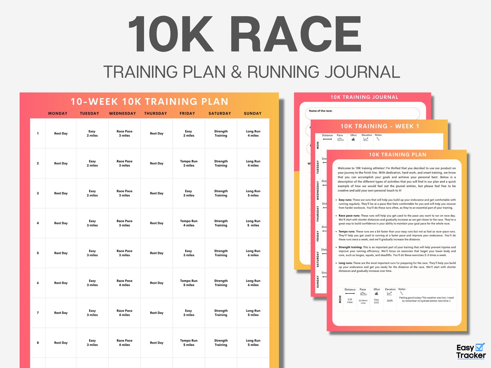 10K Running Race - Beginner Training Plan and Running Journal - Easy to ...