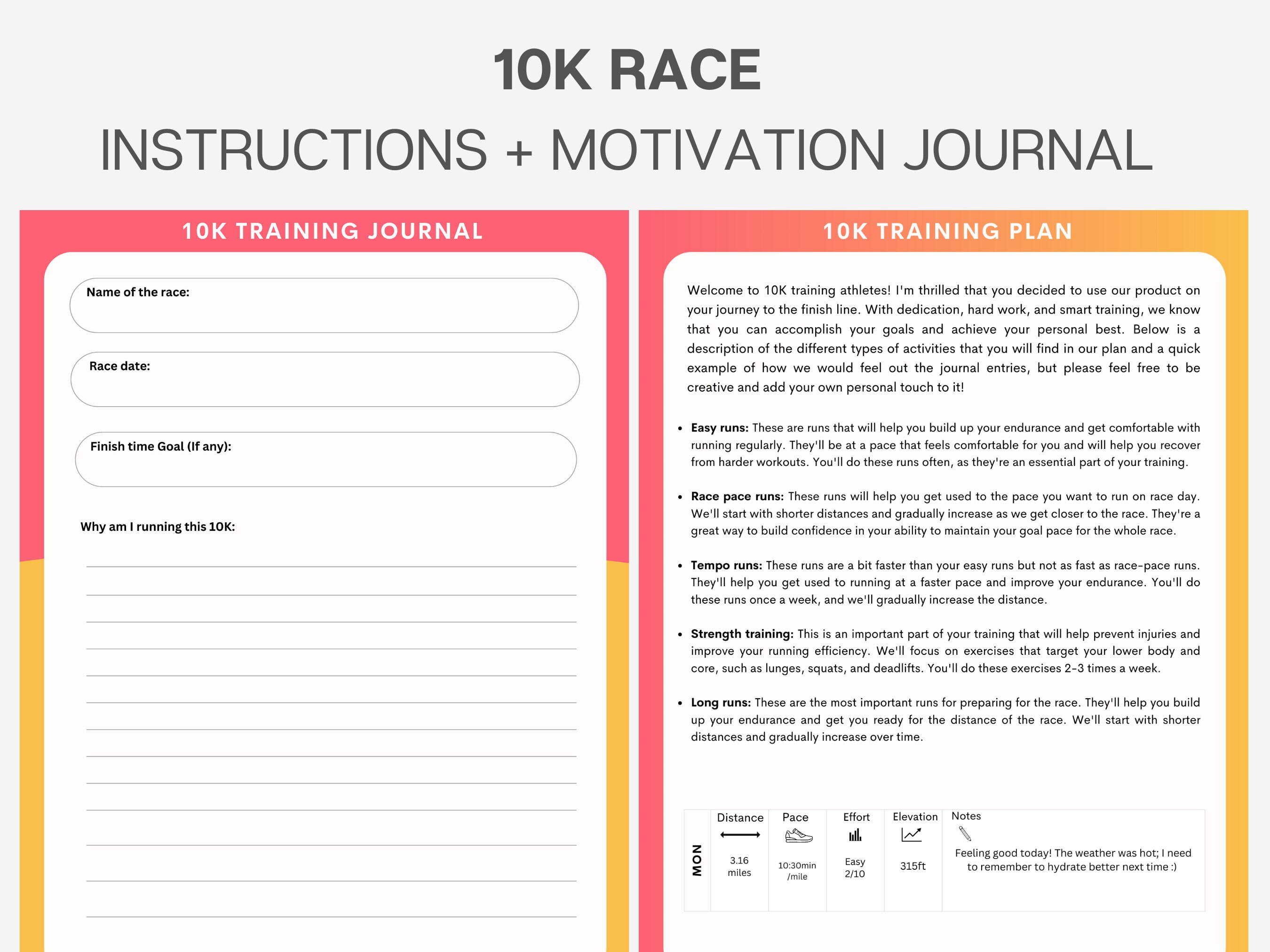 10K Running Race - Beginner Training Plan and Running Journal - Easy to ...