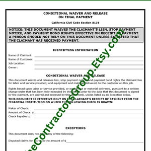 Conditional Final Waiver and Release California Form for Construction ...