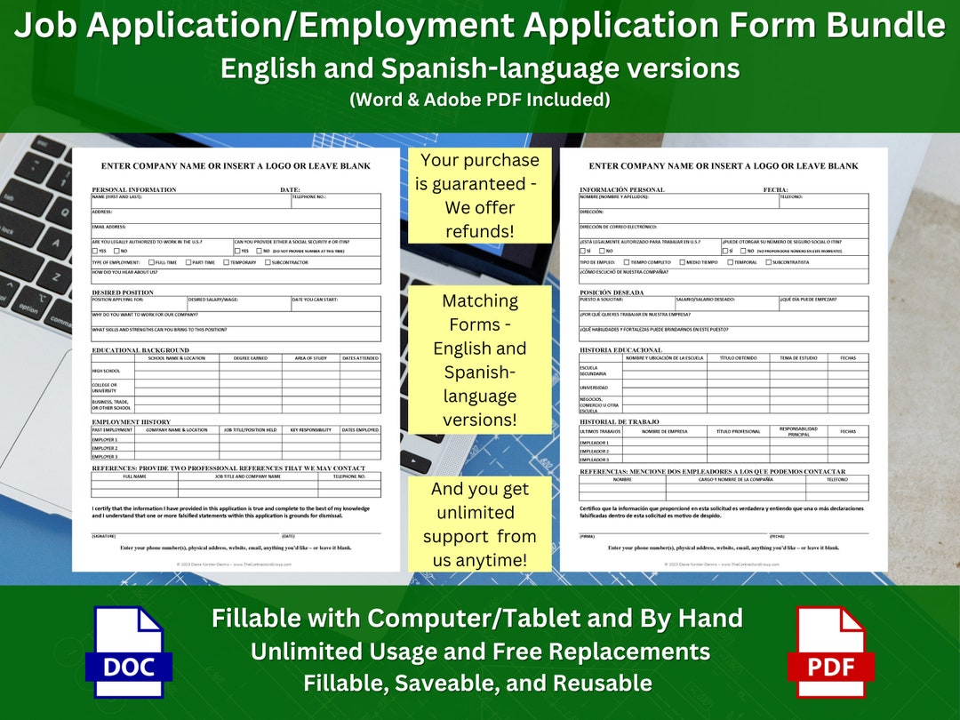 English & Spanish Job Application Form – Customizable, Printable (WORD ...