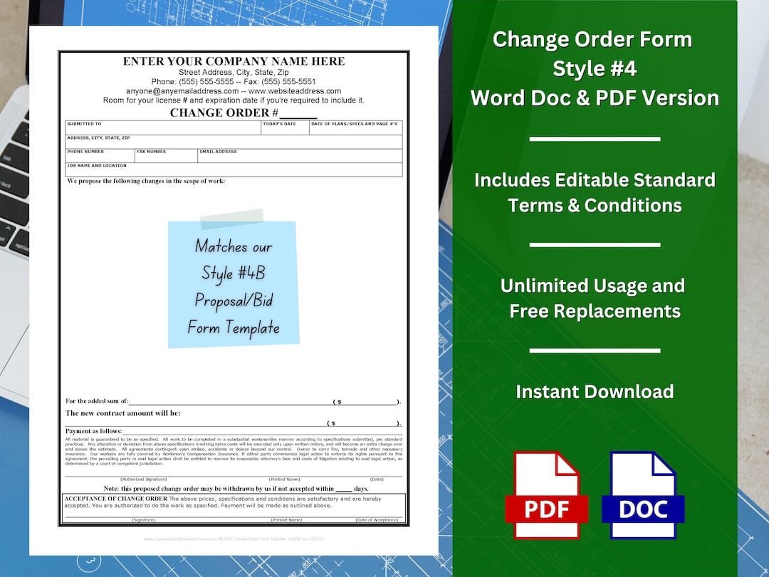 Change Order Form Templates W/ Editable Standard Terms and Conditions ...