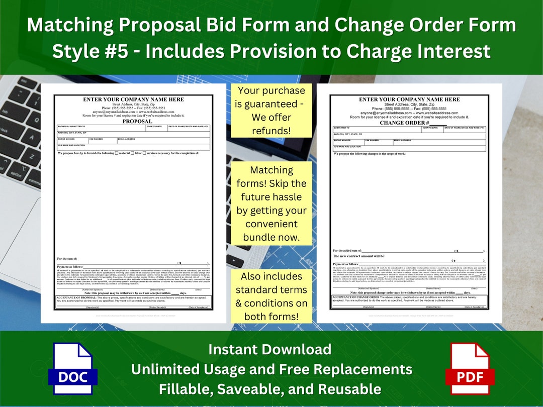 Proposal and Change Order Form Template Set W/ Editable Terms and ...