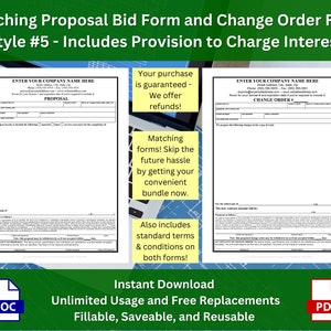 Proposal and Change Order Form Template Set W/ Editable Terms and ...