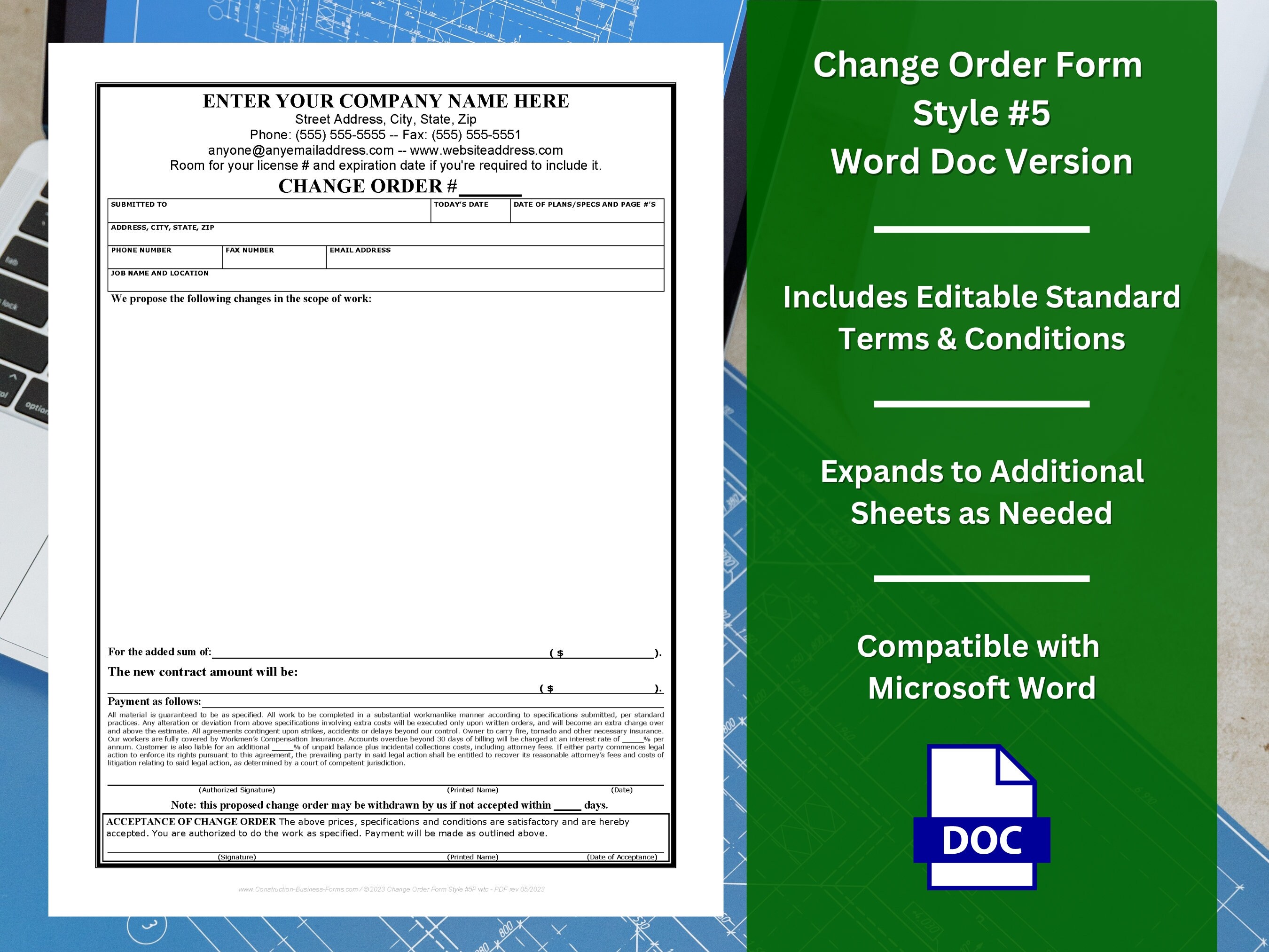 Change Order Form Templates W/ Editable Terms and Conditions With ...
