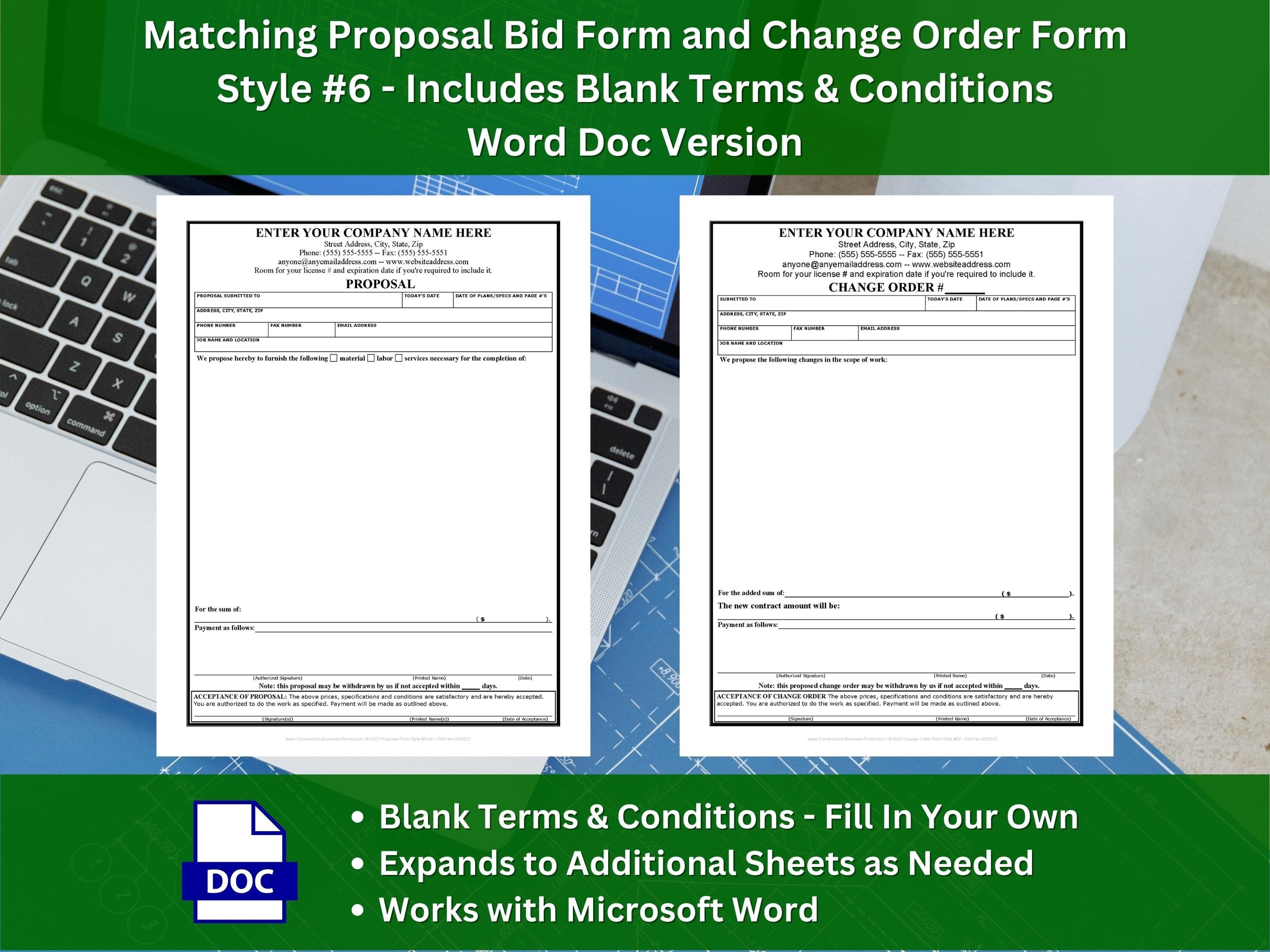 Proposal and Change Order Form Template Set W/ Fillable Terms and ...