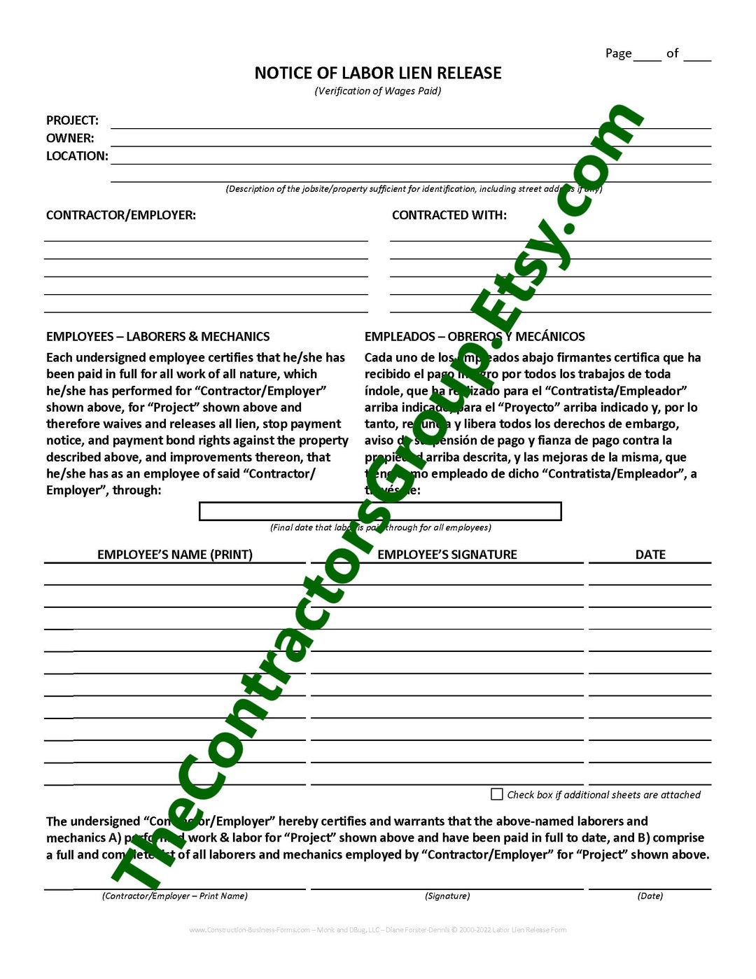 Notice of Labor Lien Release Form, English and Spanish Languages ...