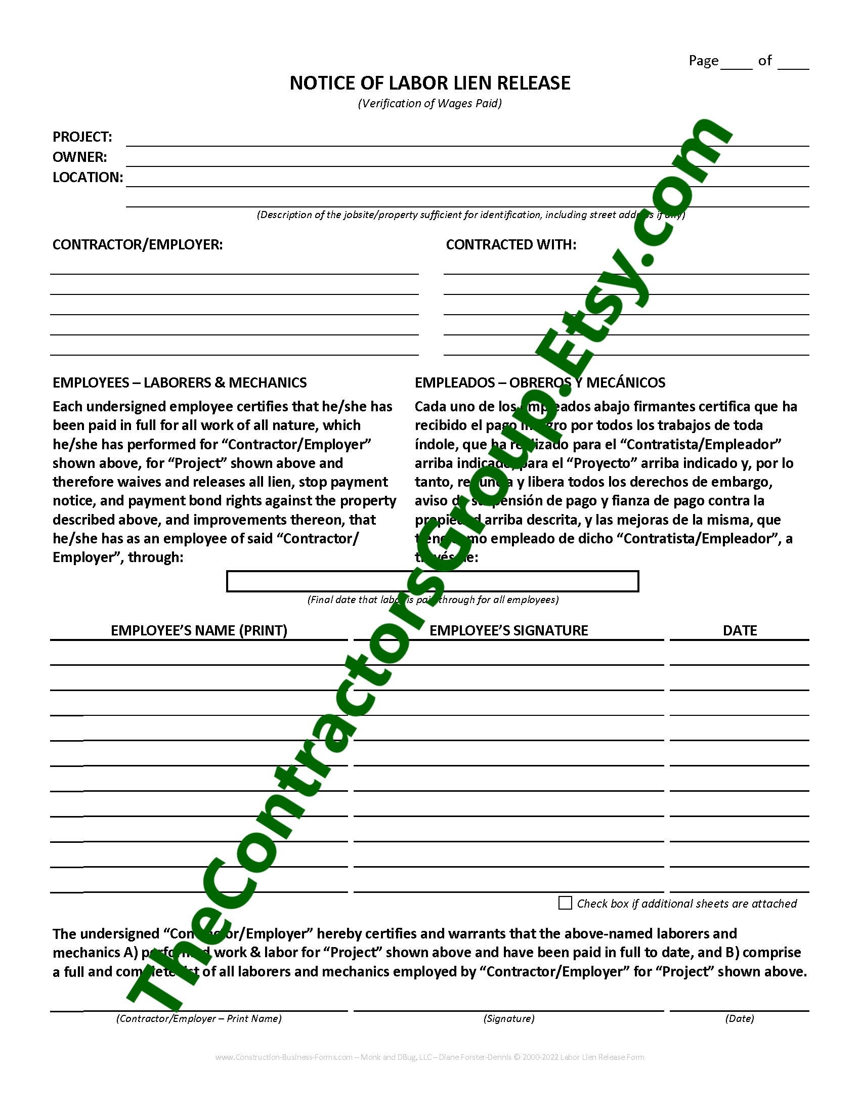 Labor Release Form English and Spanish | Release of Labor Notice ...
