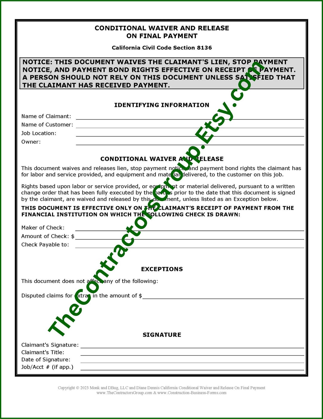 Conditional Final Waiver and Release California Form for Construction ...