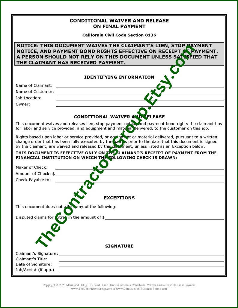 Conditional Final Waiver and Release California Form for Construction ...