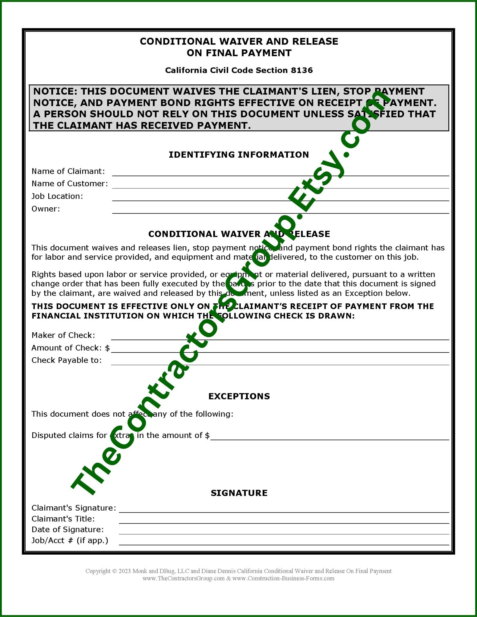 Conditional Final Waiver and Release California Form for Construction ...