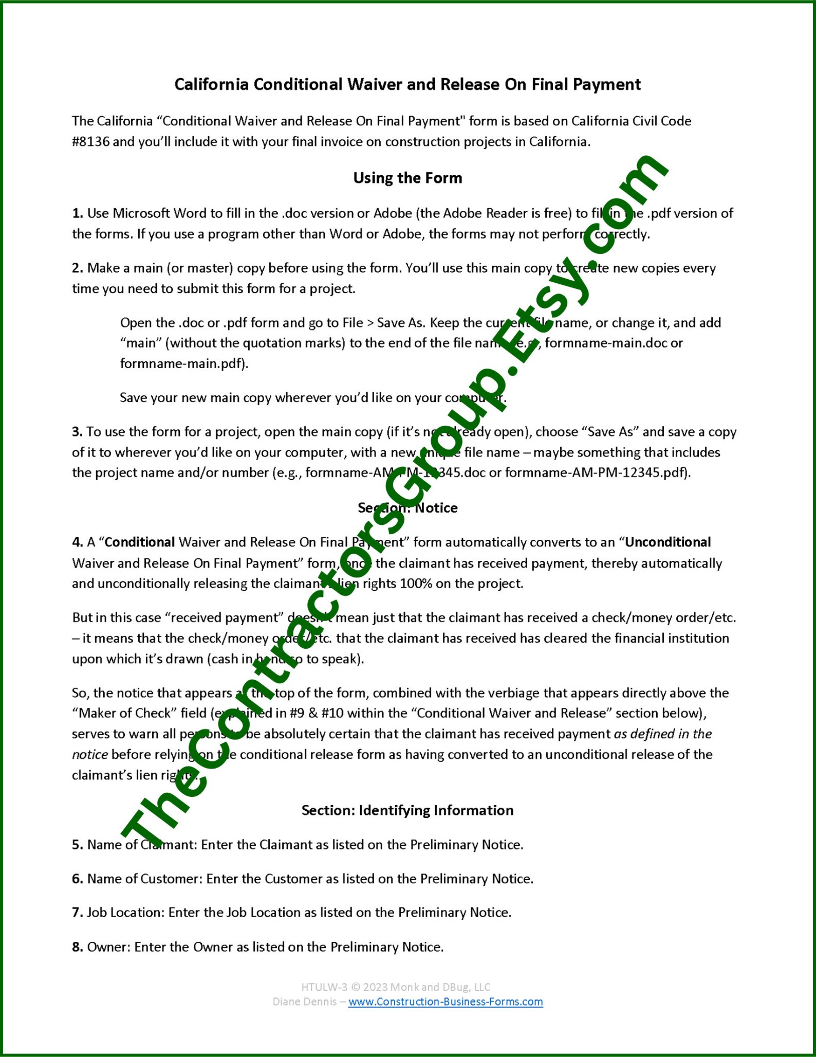 Conditional Final Waiver and Release California Form for Construction ...