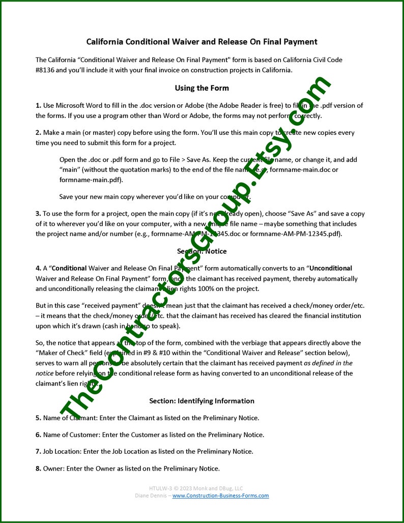 Conditional Final Waiver and Release California Form for Construction ...