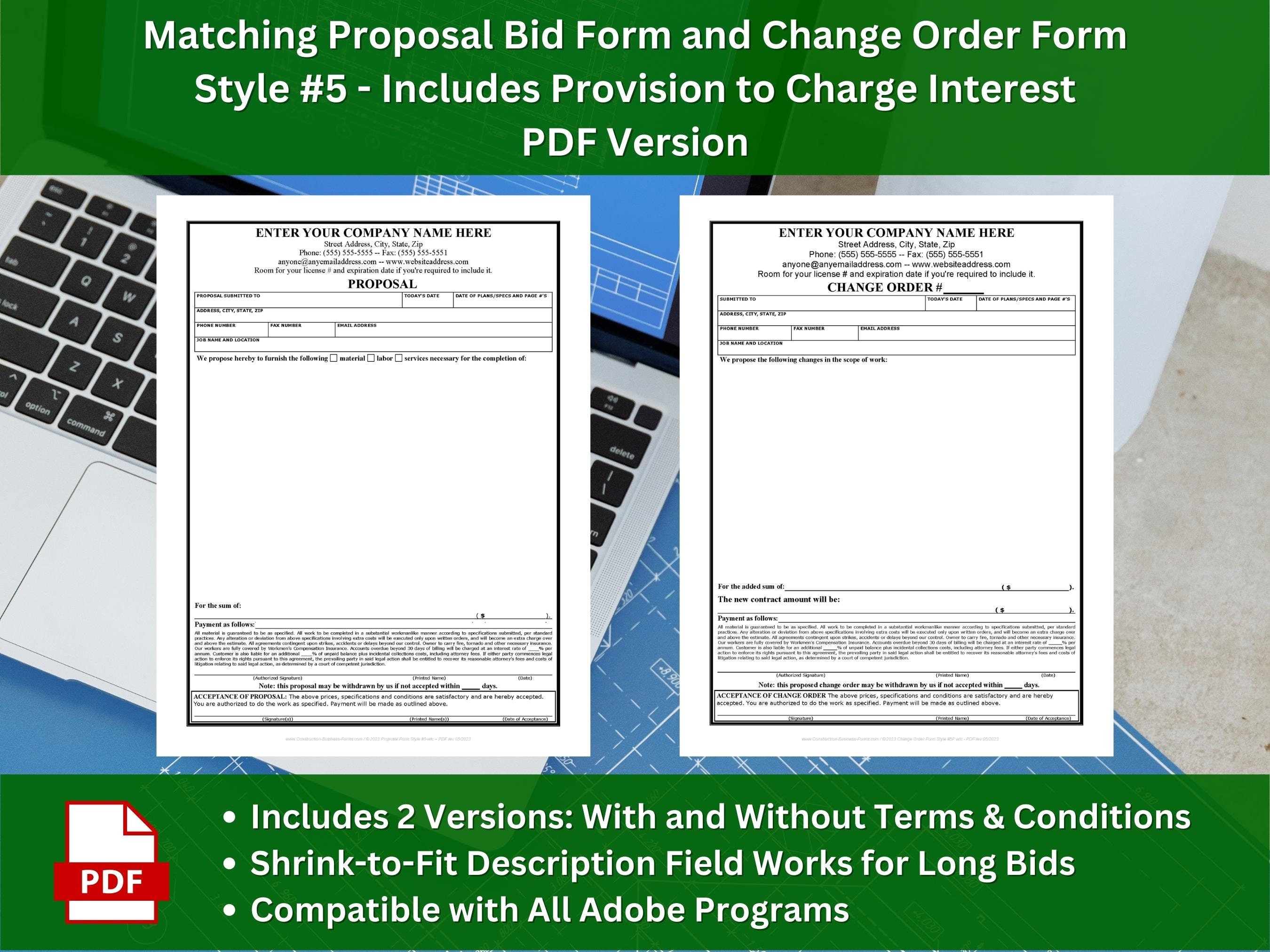 Proposal and Change Order Form Template Set W/ Editable Terms and ...