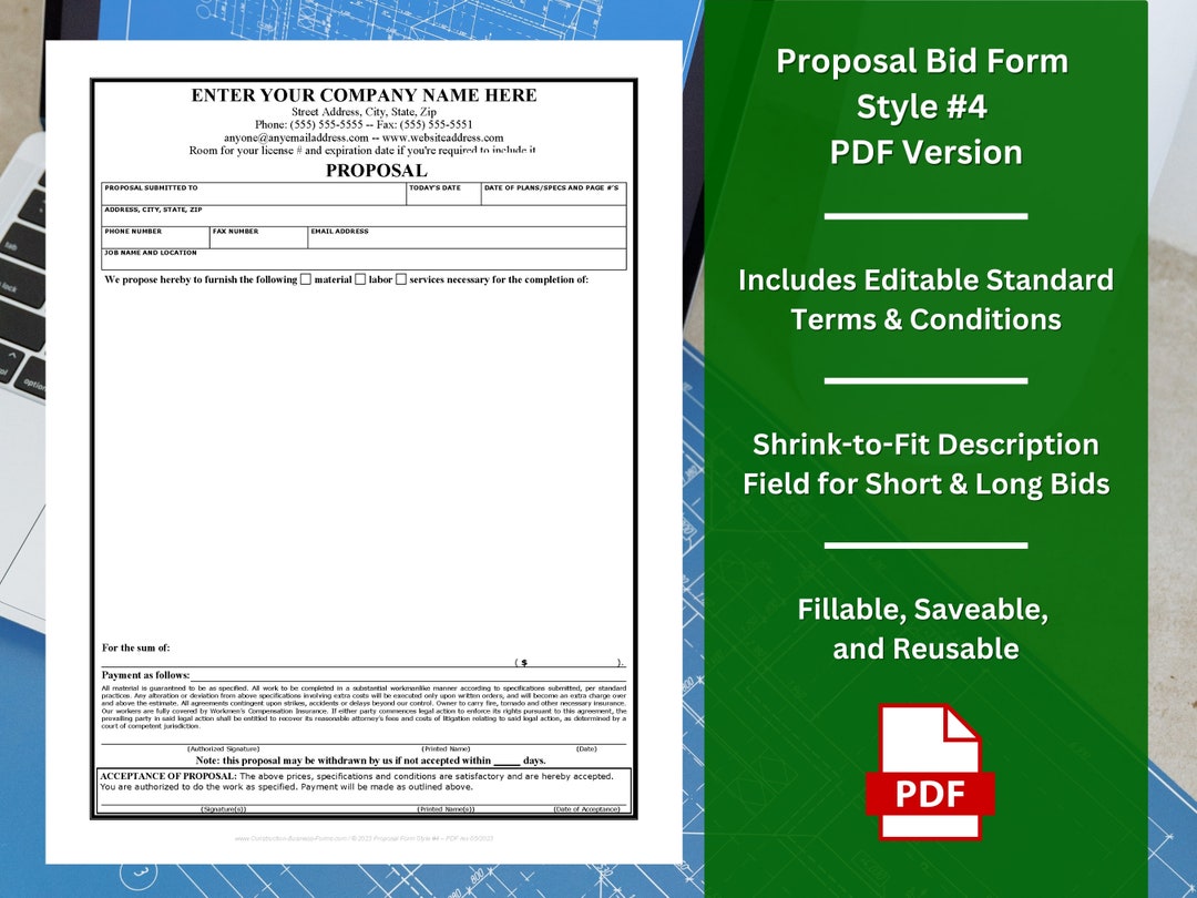 Proposal Bid Form Template W/ Fully Editable Standard Terms ...
