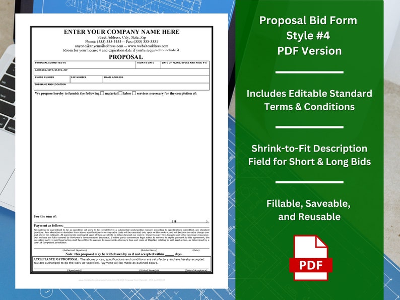 Proposal Bid Form Template W/ Fully Editable Standard Terms & Conditions Clause - Style #4 ...