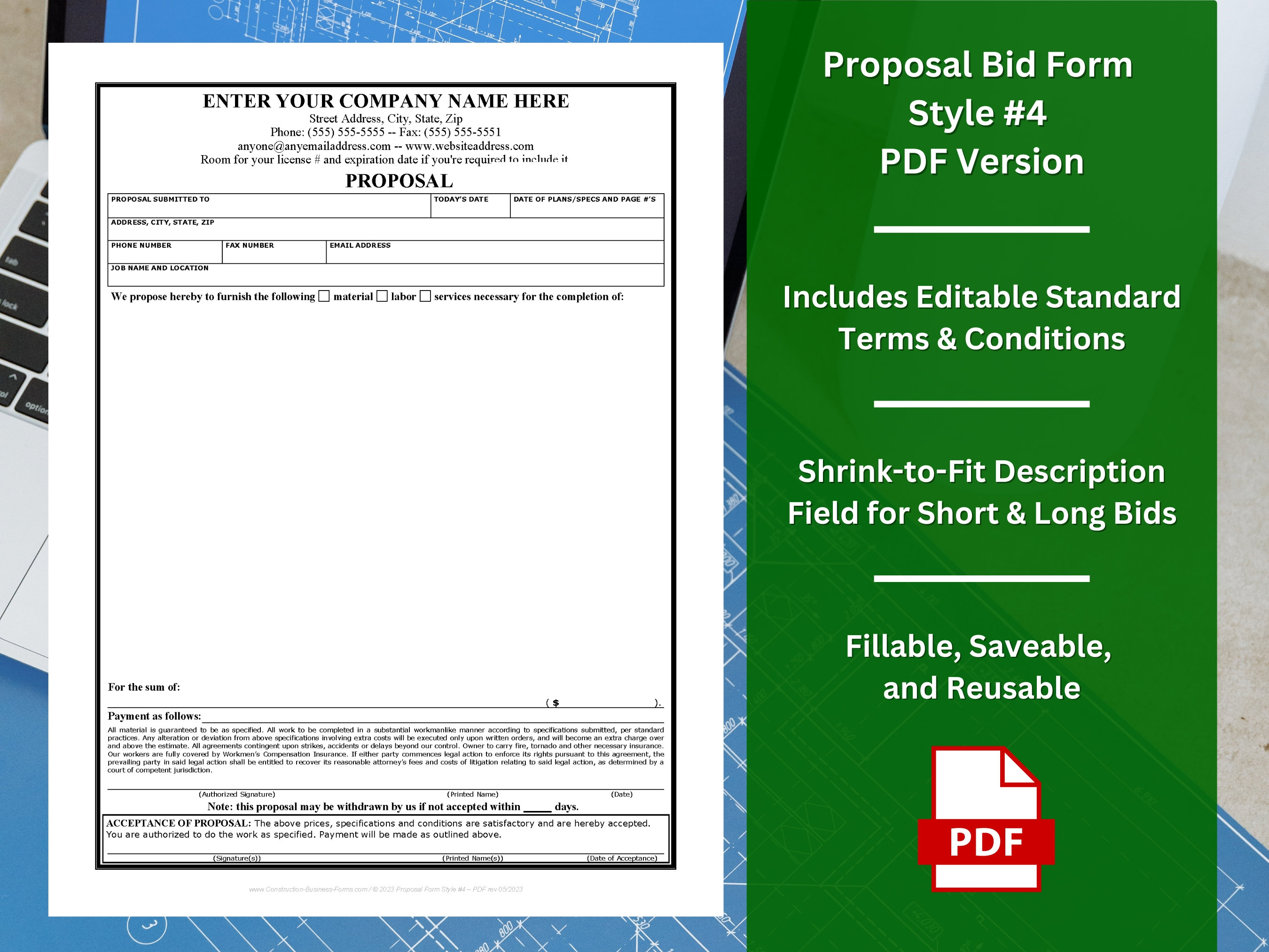 Proposal Bid Form Template W/ Fully Editable Standard Terms ...