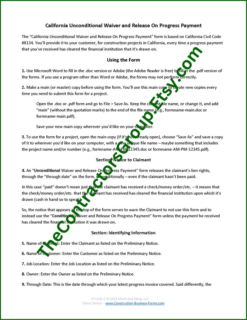 Unconditional Progress Waiver and Release California Form for ...