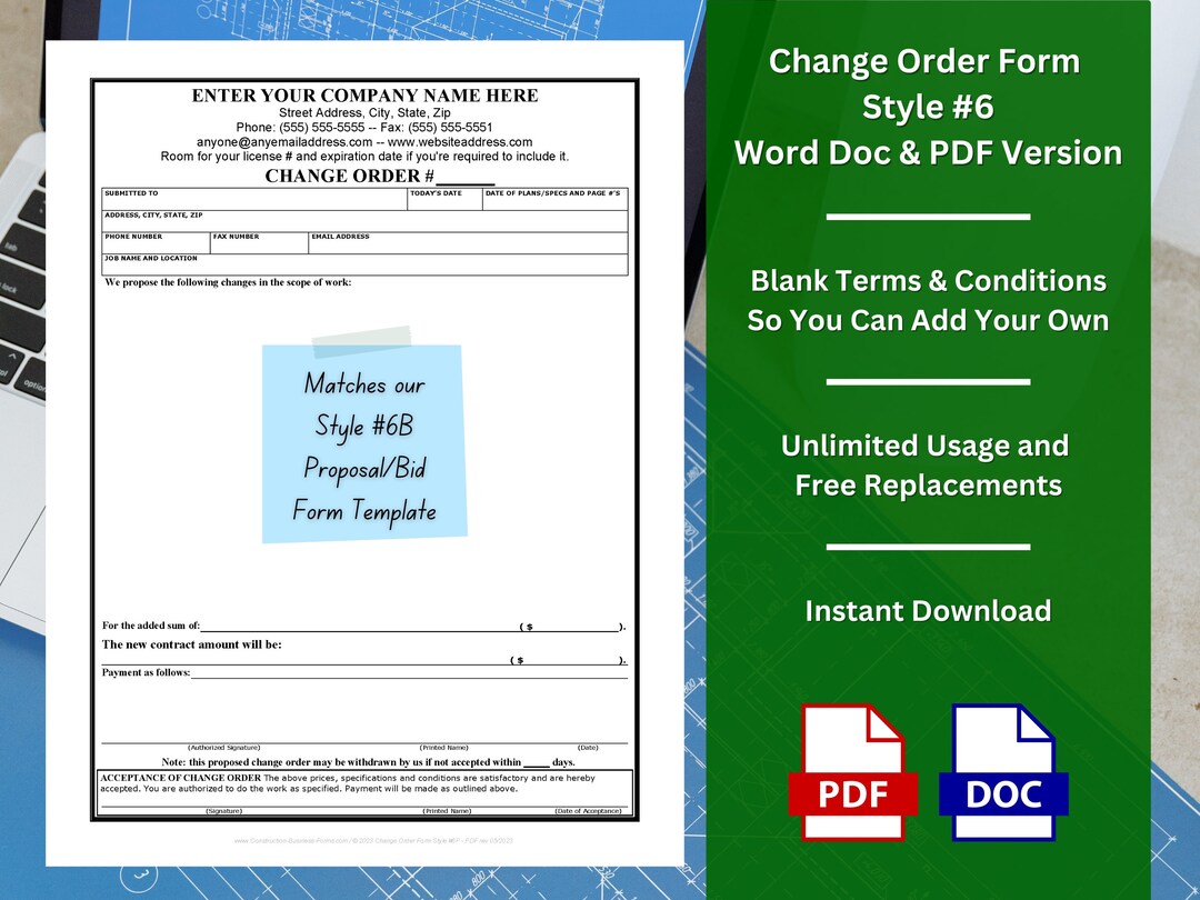Change Order Form Templates W/ Fillable Terms and Conditions - Style #6 ...