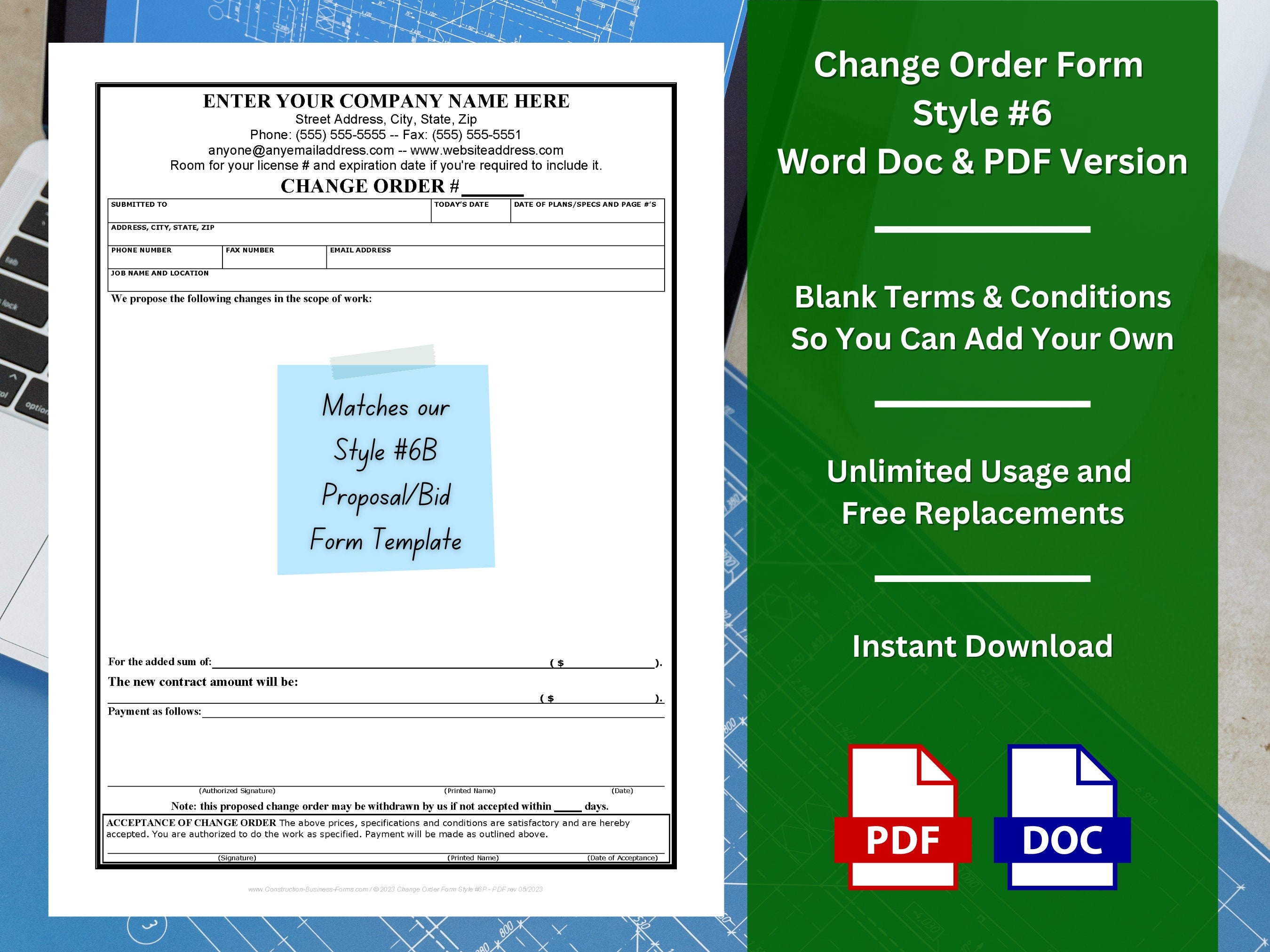 Change Order Form Templates W/ Fillable Terms and Conditions Style 6 ...