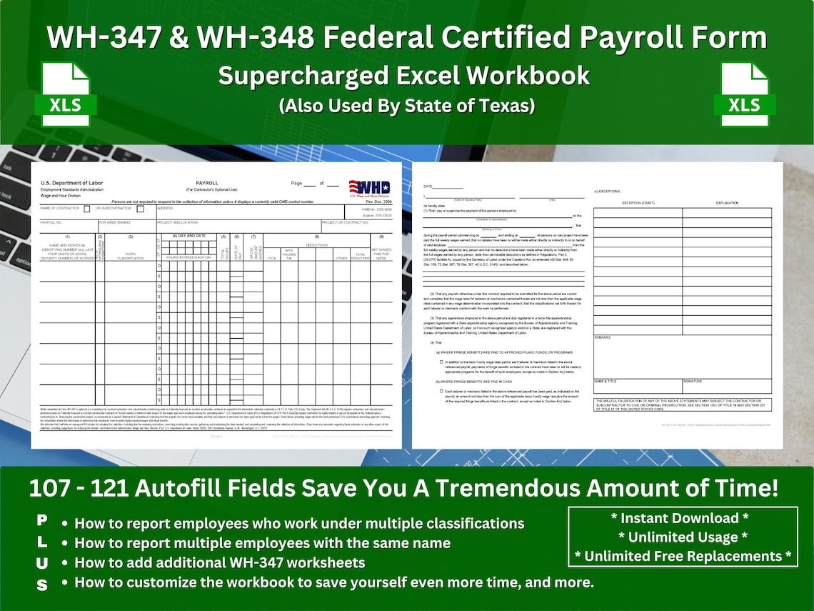 WH-347 & WH-348 Federal Certified Payroll Forms - 164 Autofill Fields ...