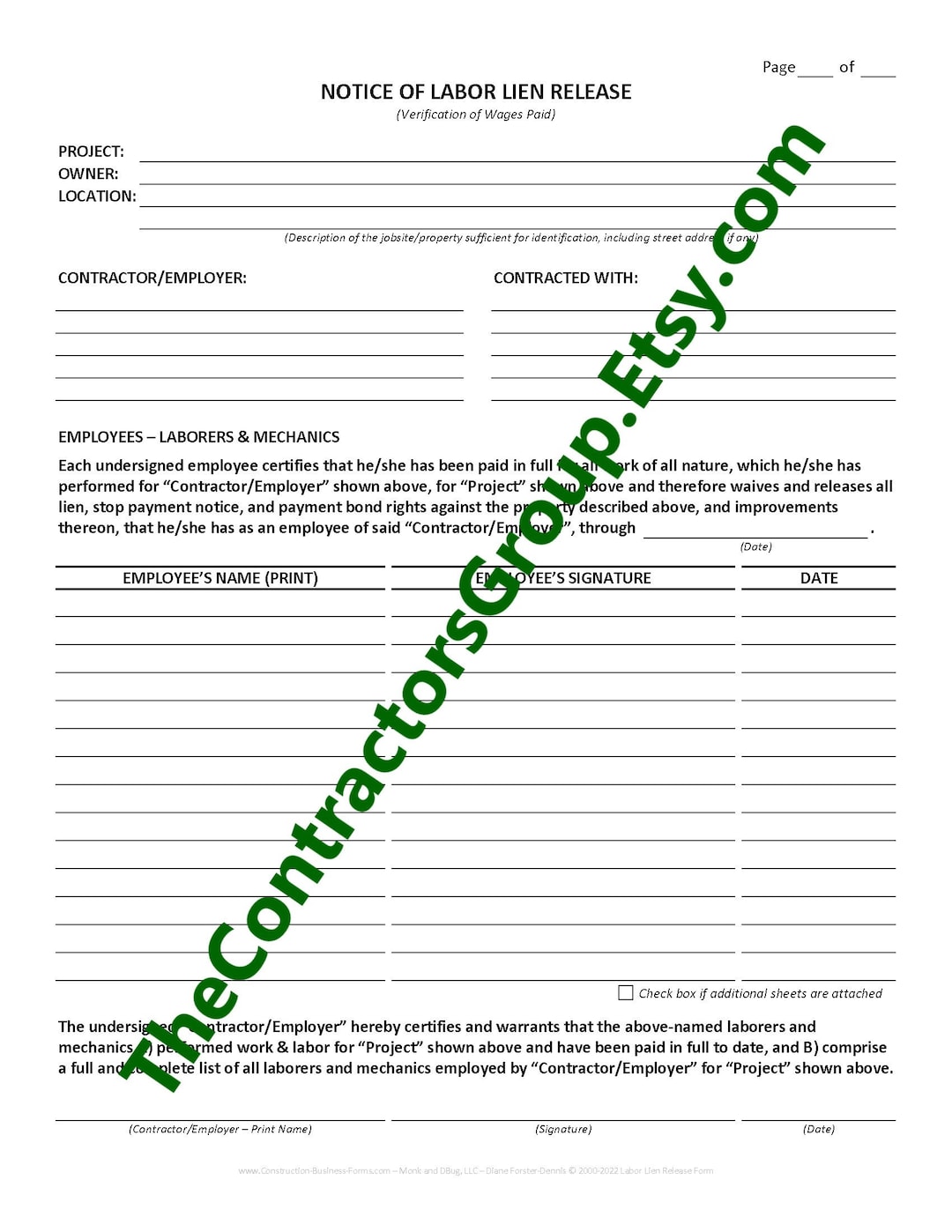 Labor Release Form | Release of Labor Notice for Construction ...