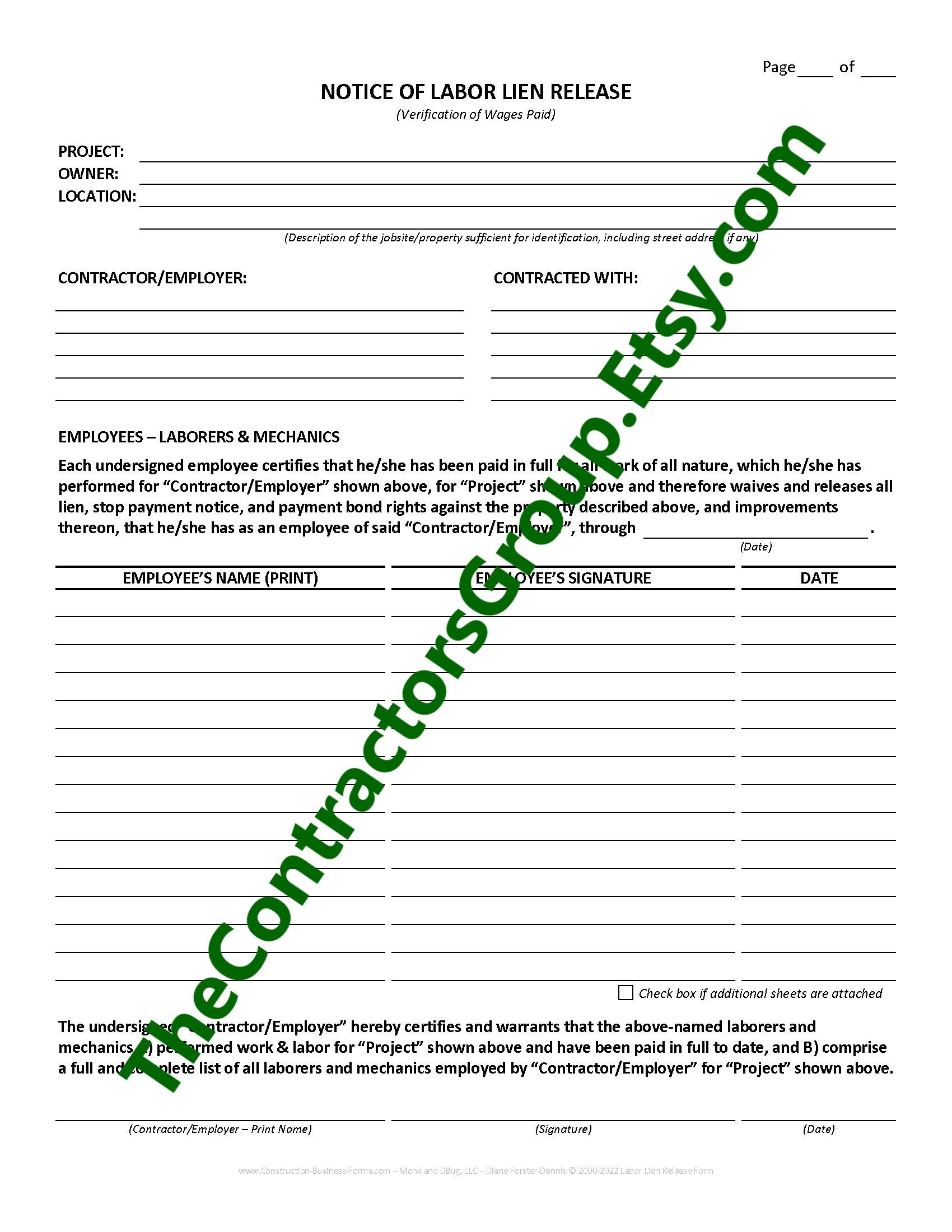 Labor Lien Release Form for Contractors (word & PDF, Instant Download ...