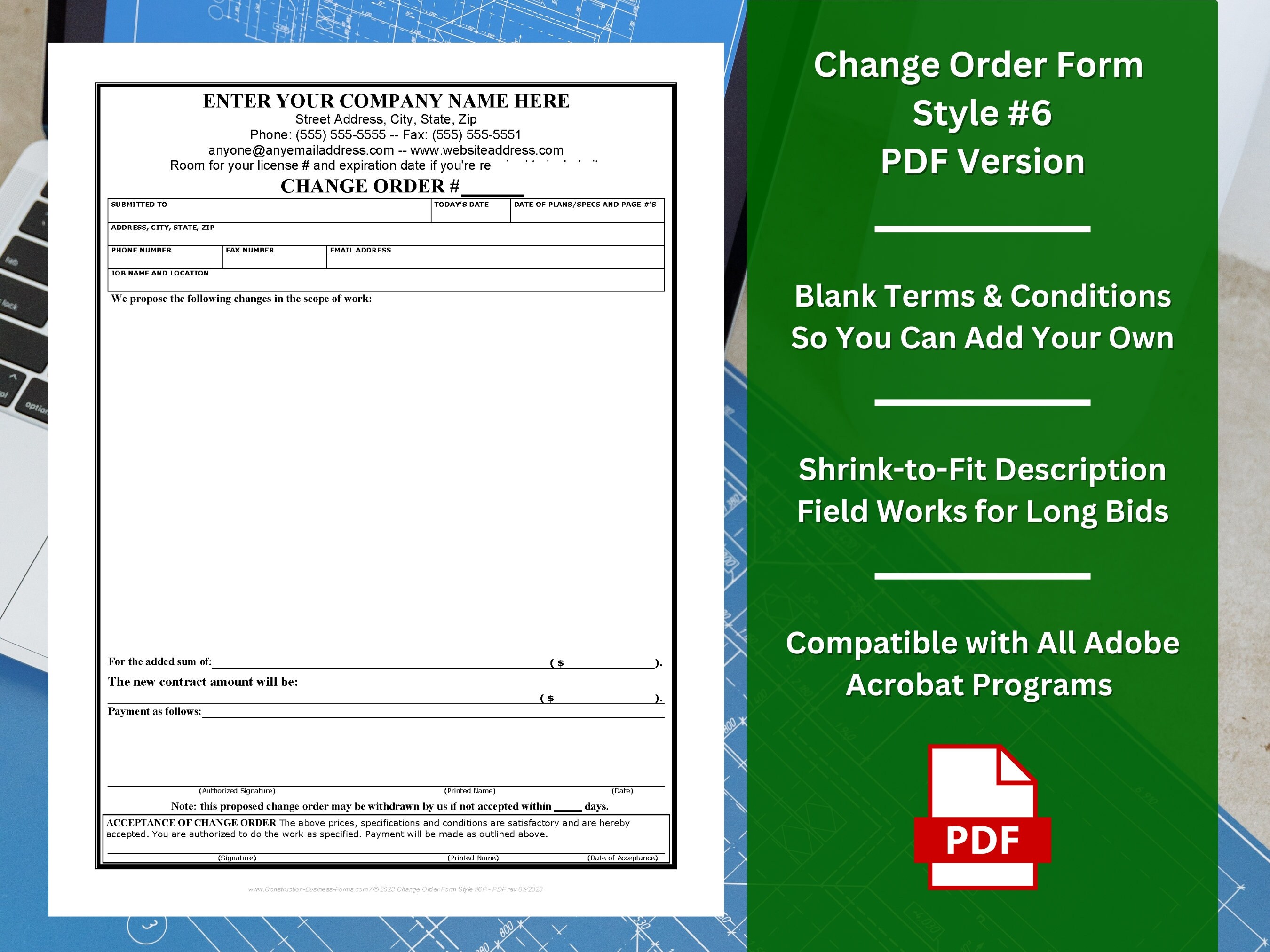 Change Order Form Template W/ Fillable Terms & Conditions Clause Style ...